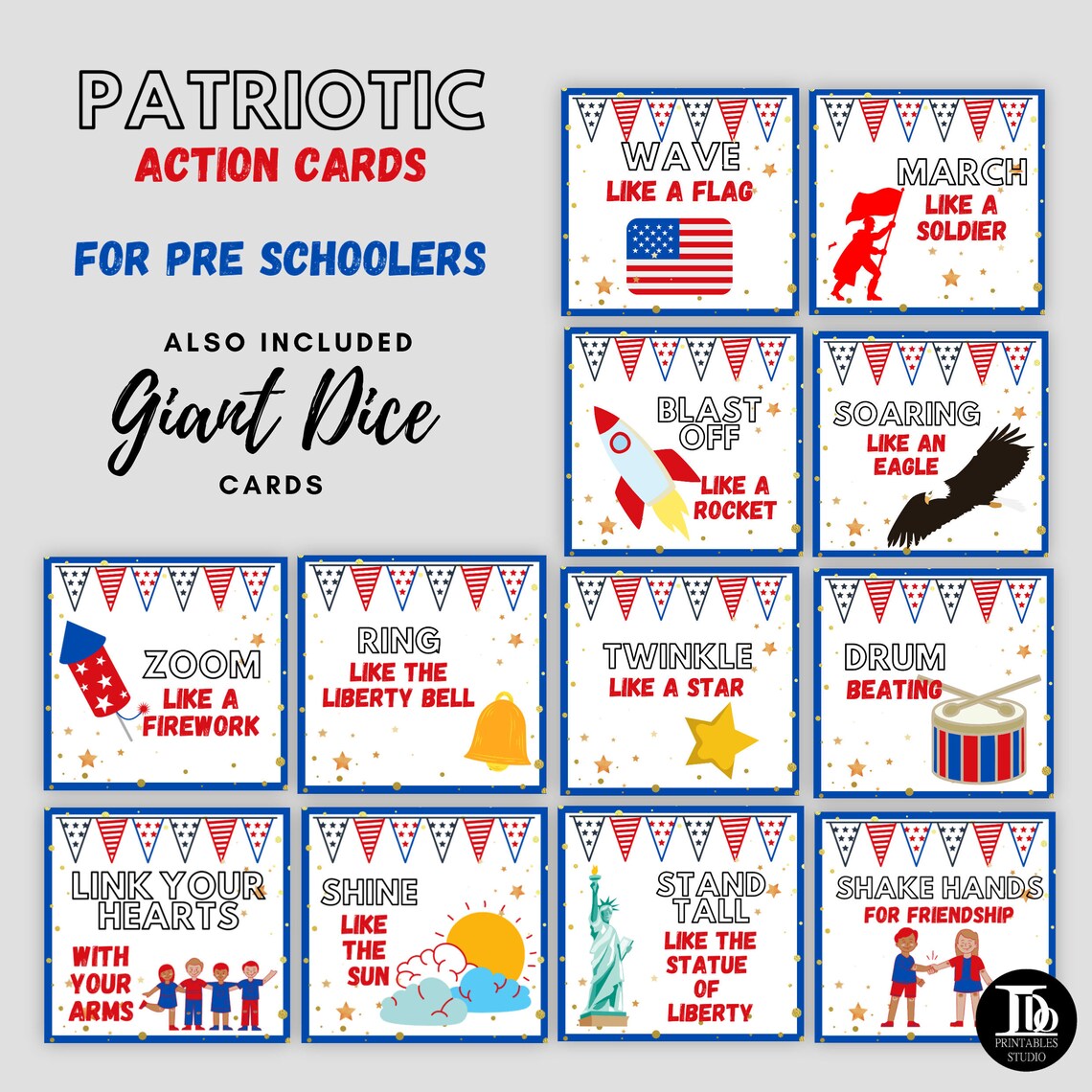 Patriotic Action Cards for Pre-schoolers / Kids Class Activity / School ...