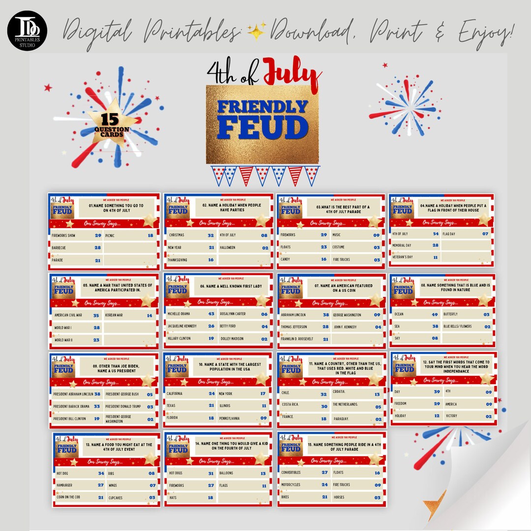 4th of July Friendly Feud Game Cards / American Quiz / Family Trivia ...