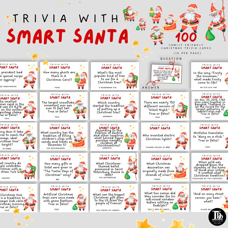 100 Trivia With Smart Santa Cards Family Friendly Quiz Night - Etsy