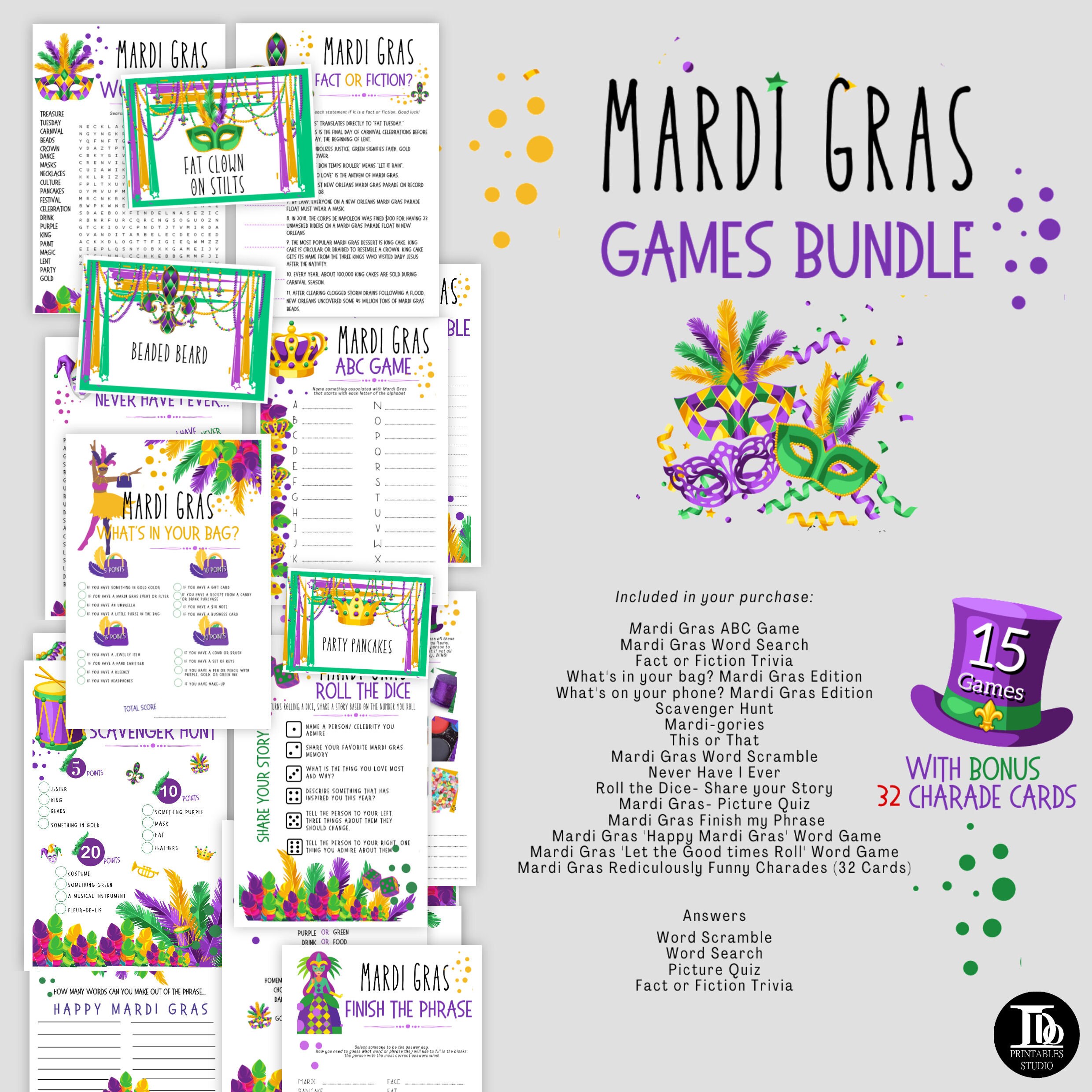 Mardi Gras Games Bundle Fat Tuesday Party Printable Mardi - Etsy