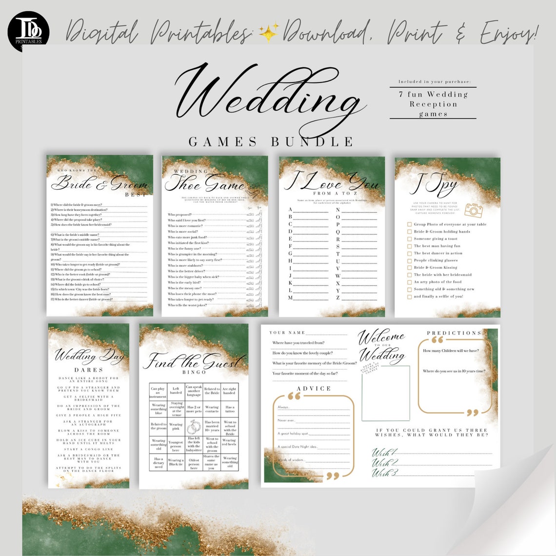 Wedding Games Bundle | Wedding Table Activity | Golden Green Wedding ...