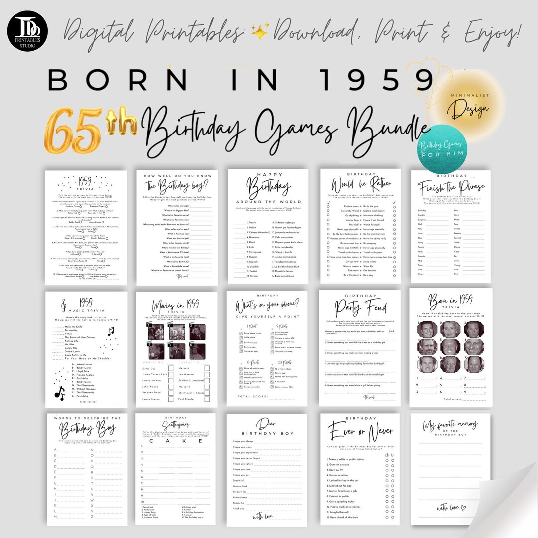Born in 1959 65th Birthday Party Games Bundle for Him Printables ...