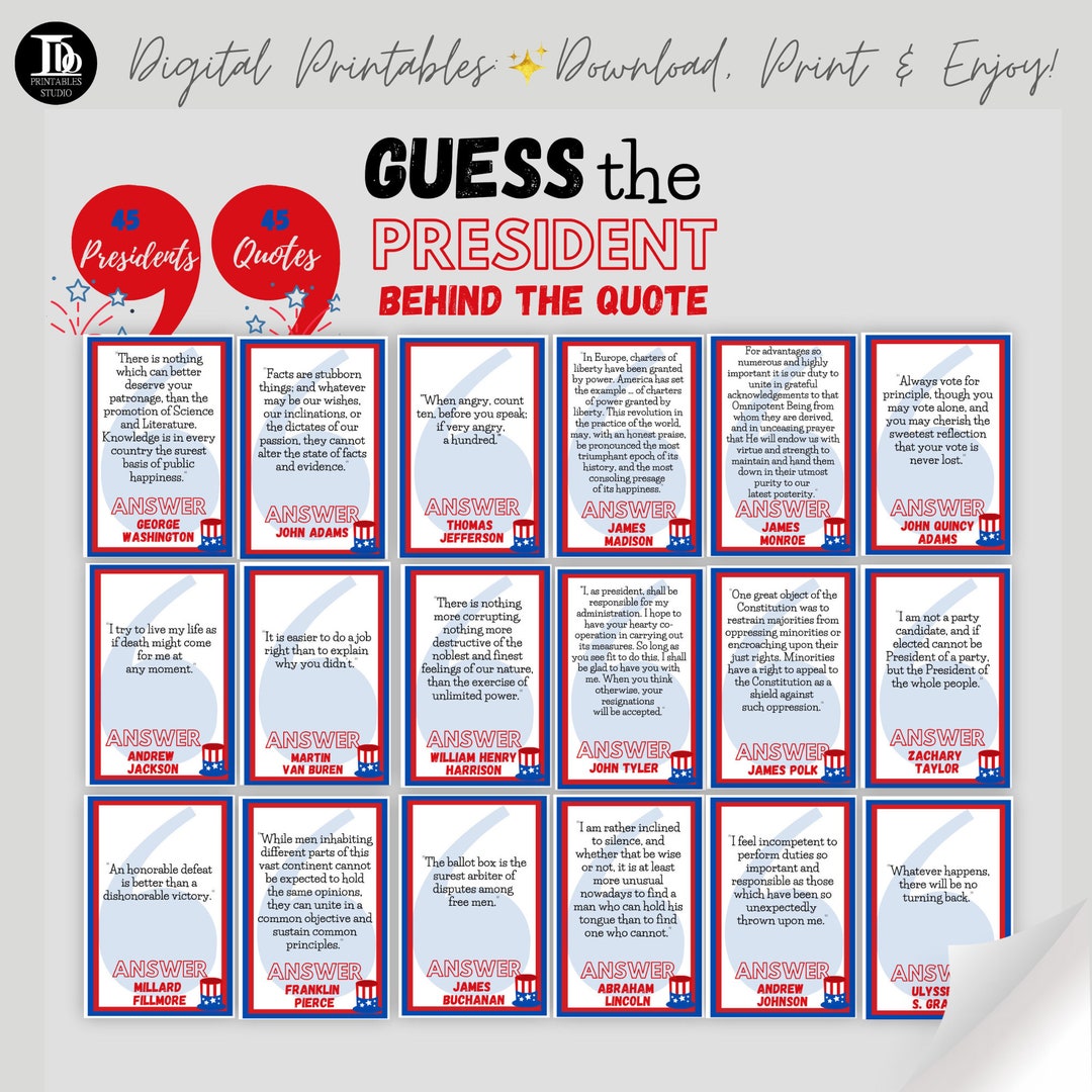 4th of July American Quiz Cards / US Presidential Quotes Quiz / Family ...
