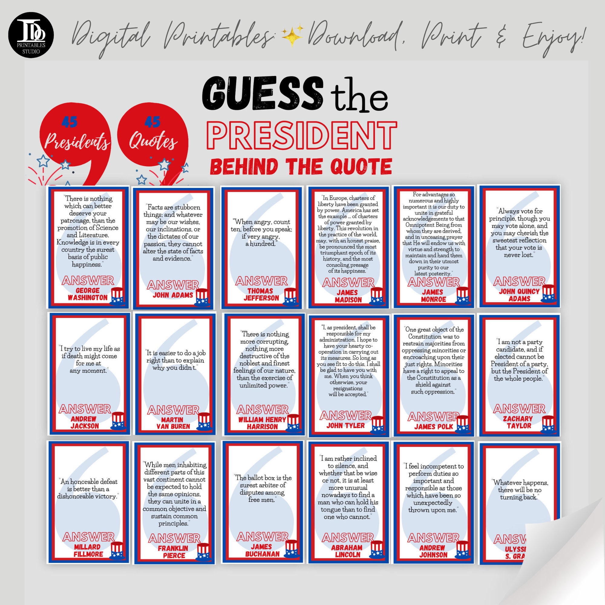 4th of July American Quiz Cards / US Presidential Quotes Quiz / Family ...