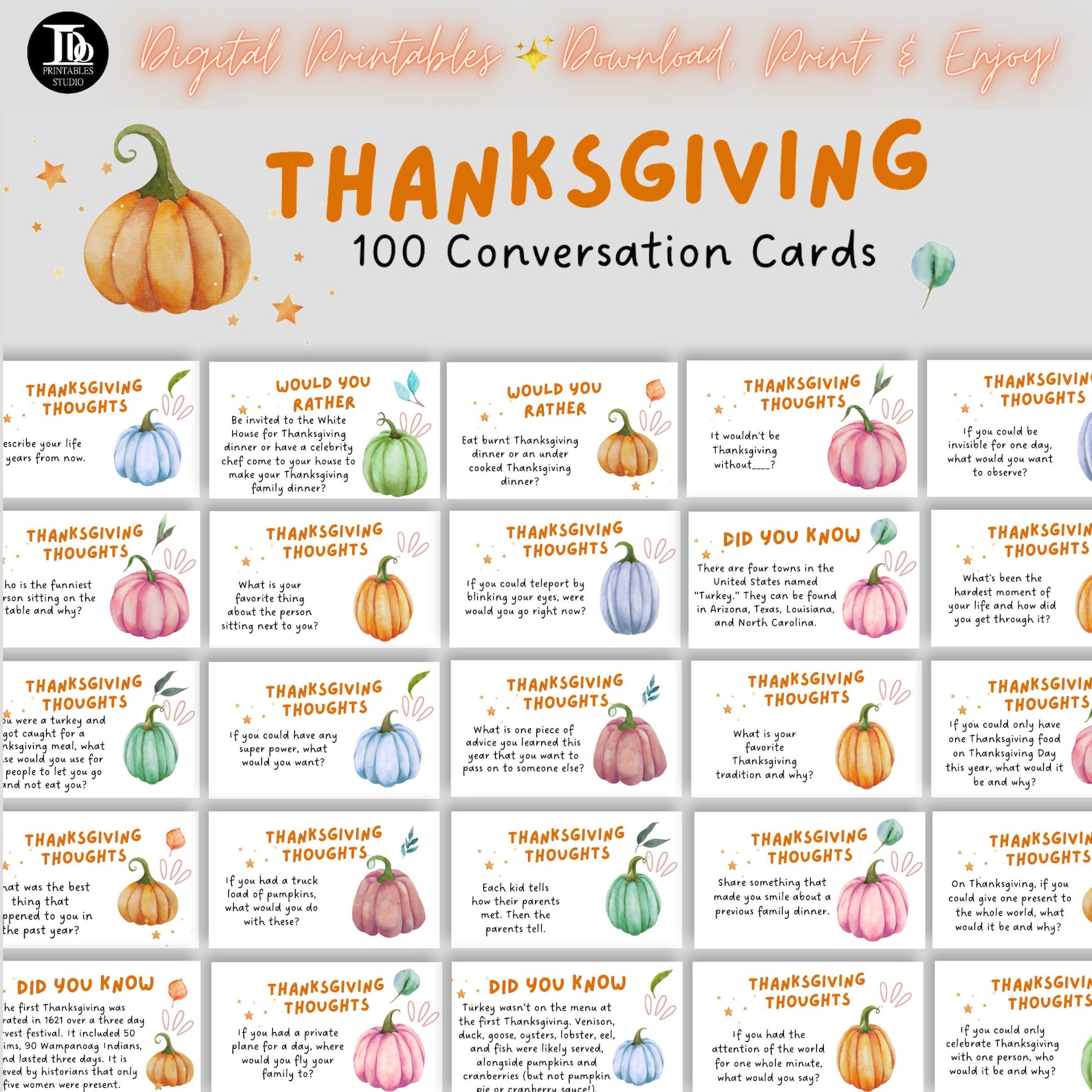100 Thanksgiving Conversation Cards | Family Friendly Thanksgiving ...