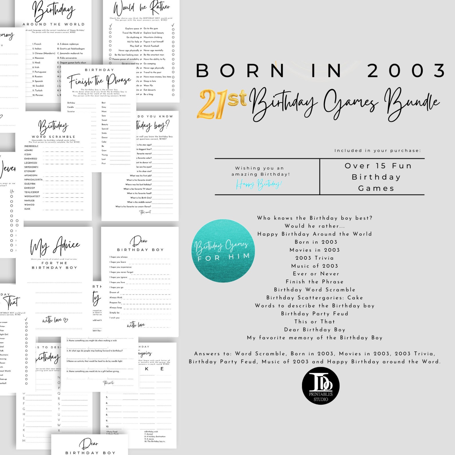 Born in 2003 21st Birthday Party Games Bundle for Him Printables ...