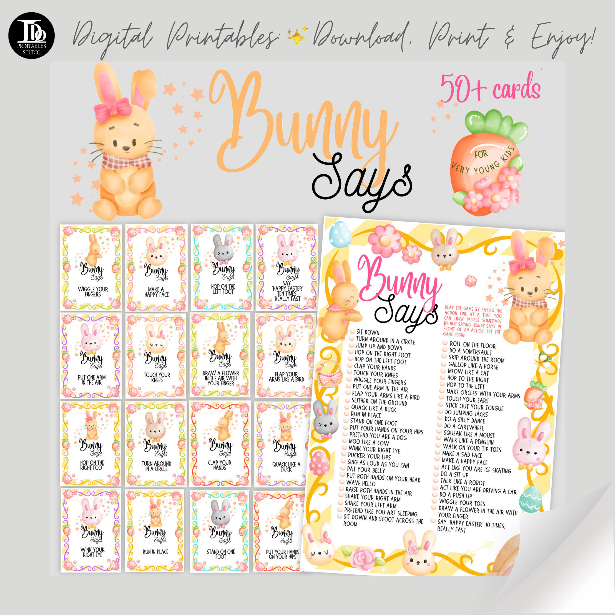 Printable Easter Bunny Game Cards for Kids | Simon Says Easter Edition ...