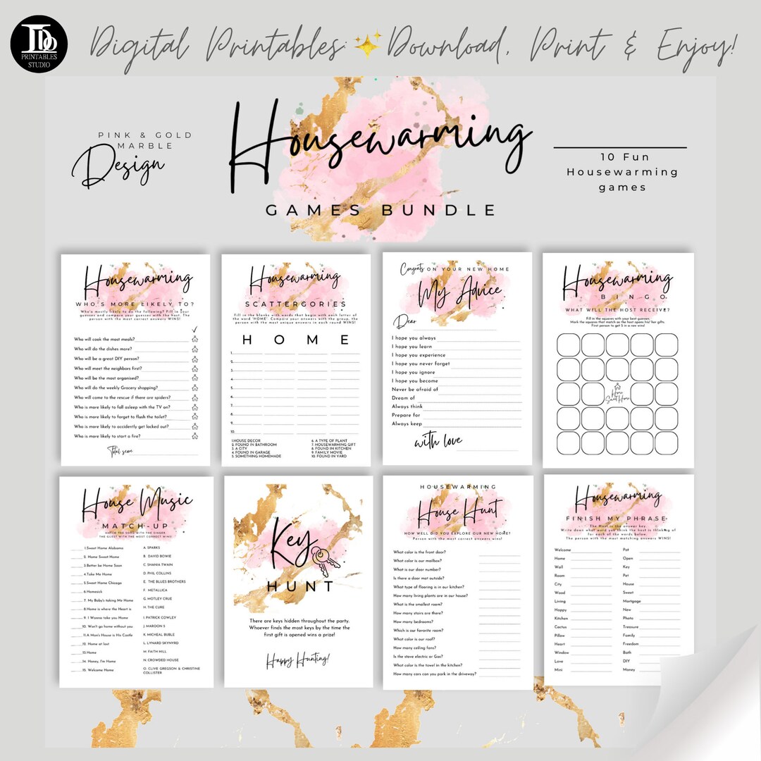 Housewarming Games Bundle Pink Gold Marble Design | Printable ...