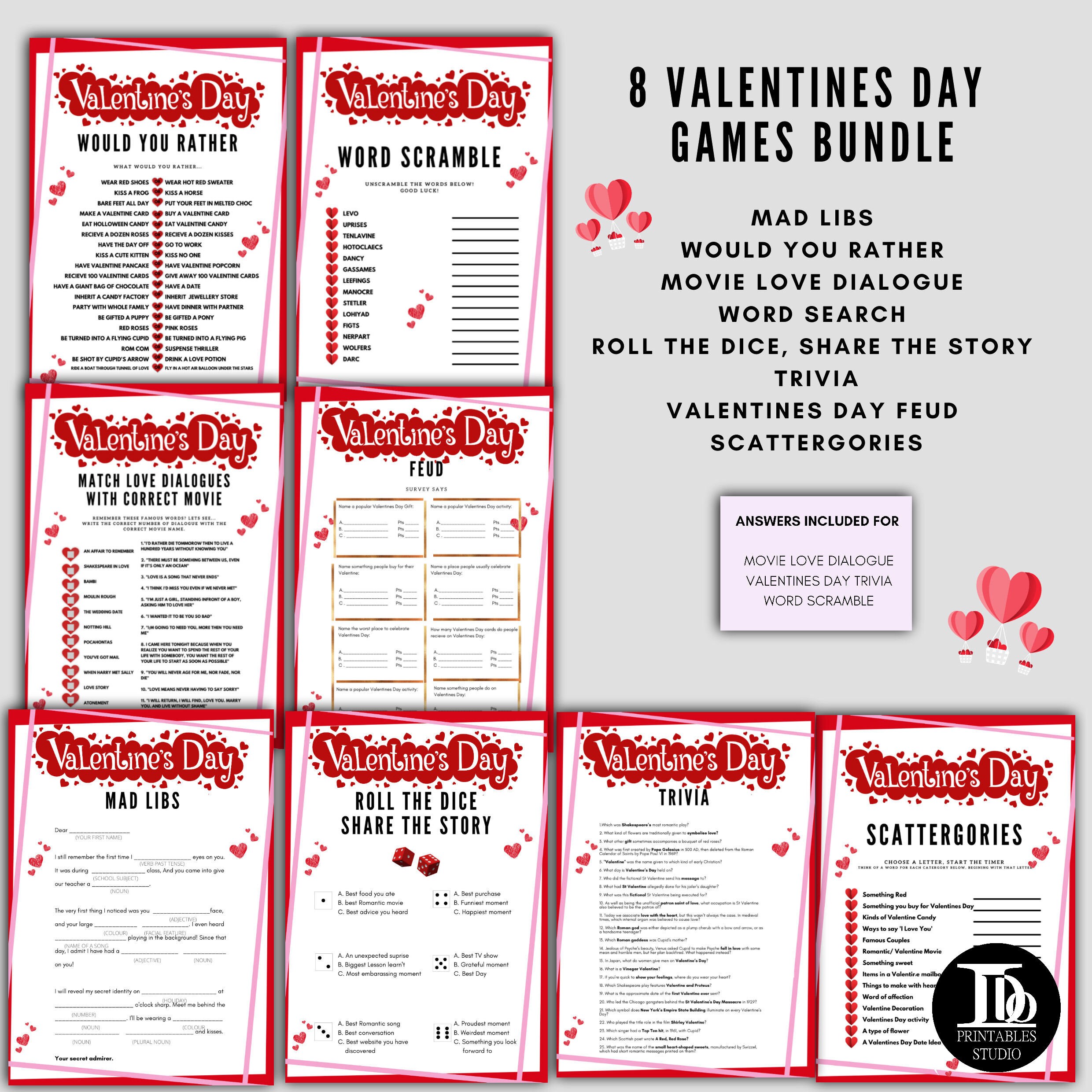 8 Valentines Day Games Bundle / Scattergories / Word Scramble / Mad ...