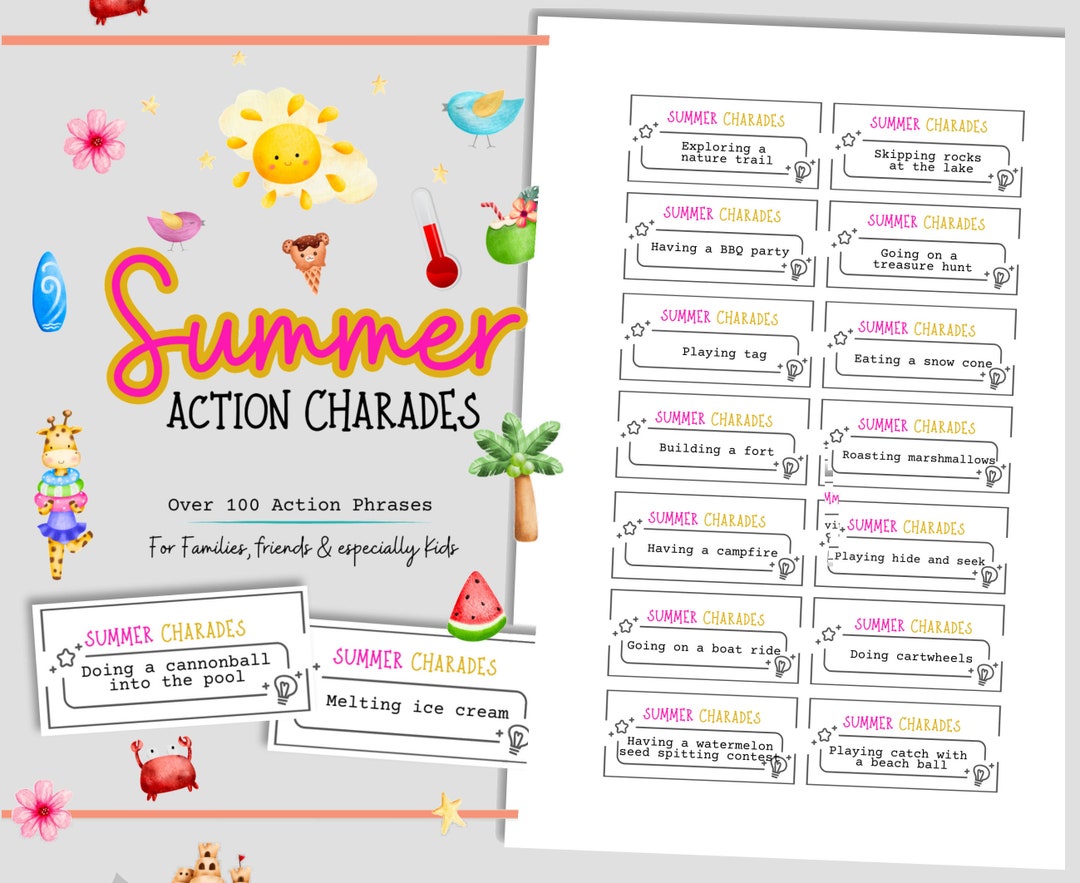 100 Summer Action Charades for Kids | Fun Summer School Holiday ...