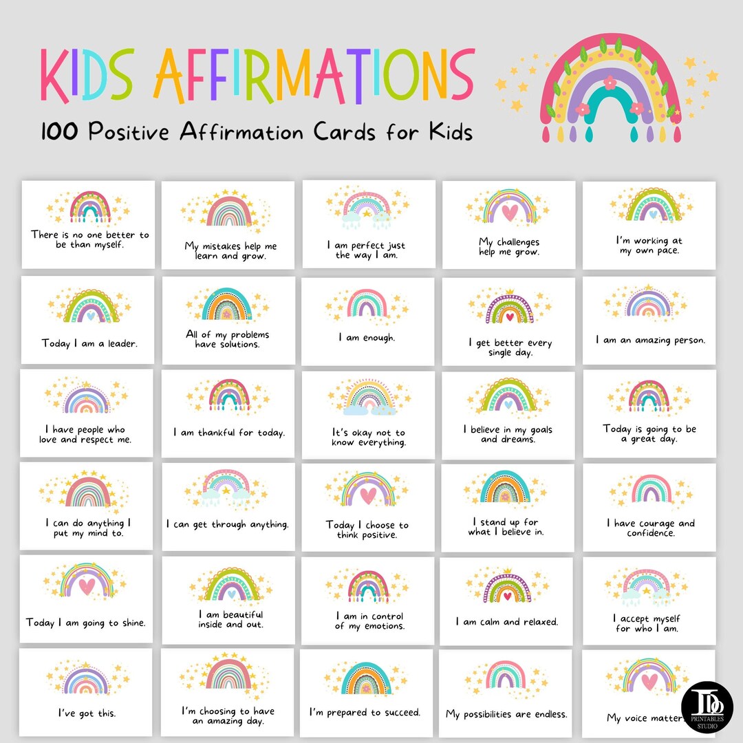 Kids Positive Affirmation Daily Cards 100 Printable Rainbow - Etsy