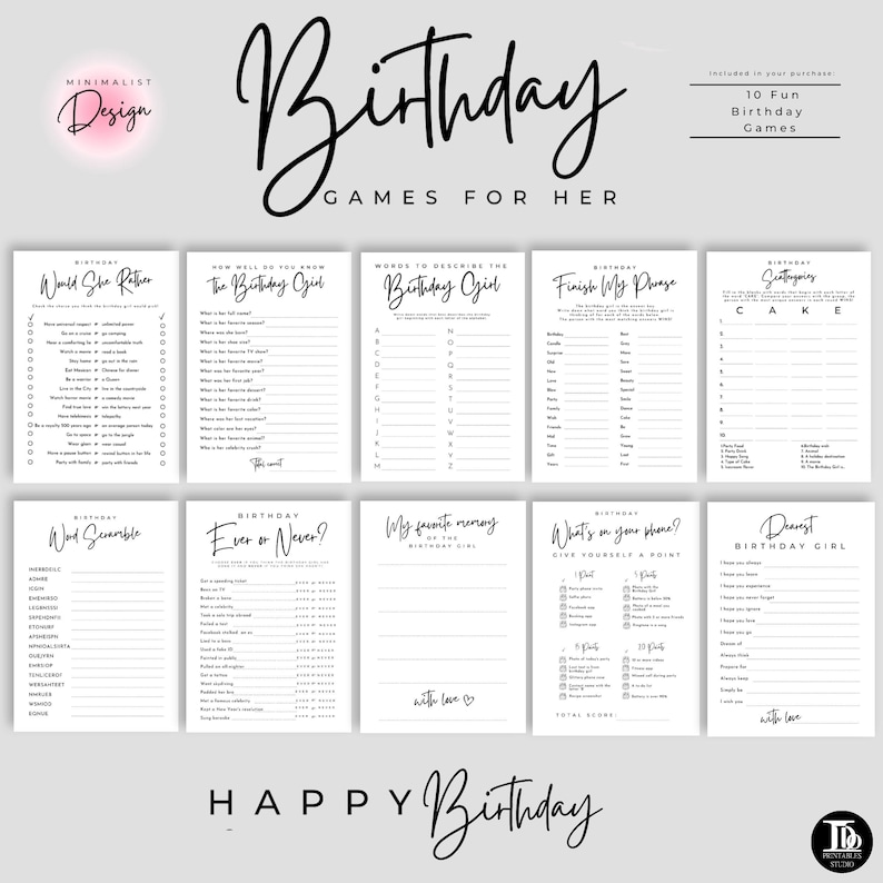 Printable Minimalist Birthday Games for Her Birthday Party Game Bundle ...