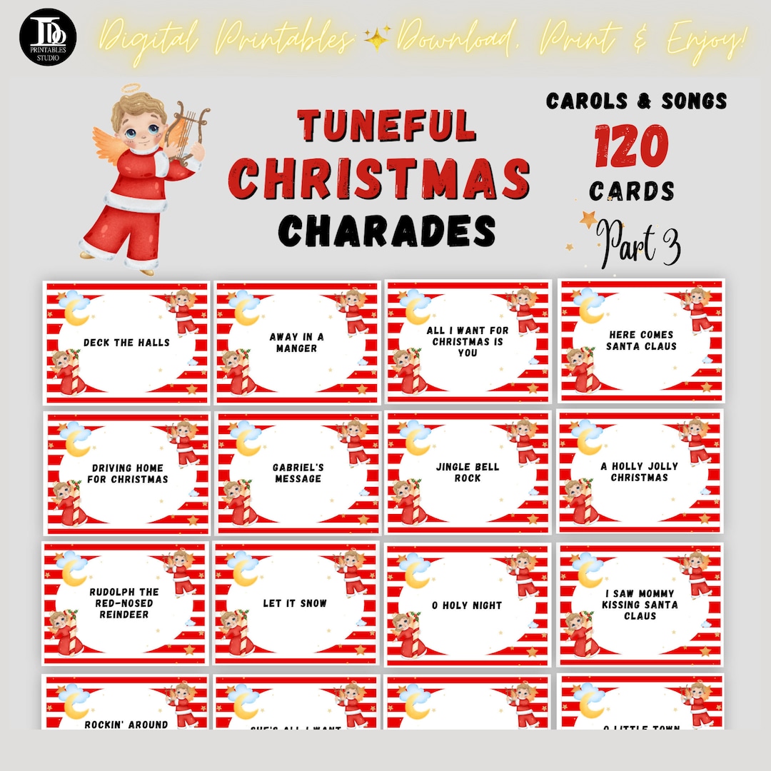 Family Xmas Charades Game Carols and Songs Game Pictionary Party Holiday Family Games Angel Games Fun Christmas Printable Cards Etsy Canada