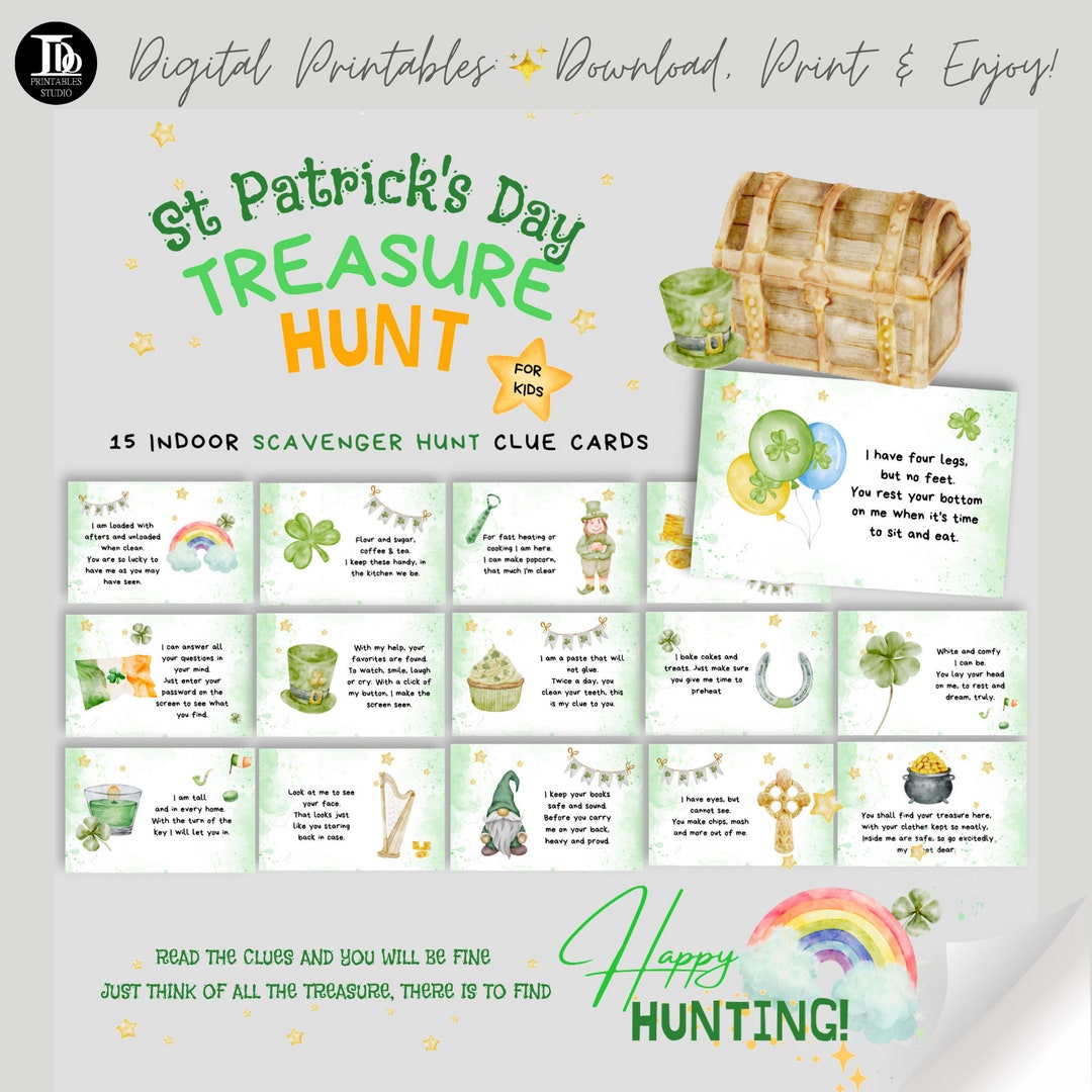 St Patrick's Day Indoor Treasure Hunt Clue Cards for Kids | St Patricks ...