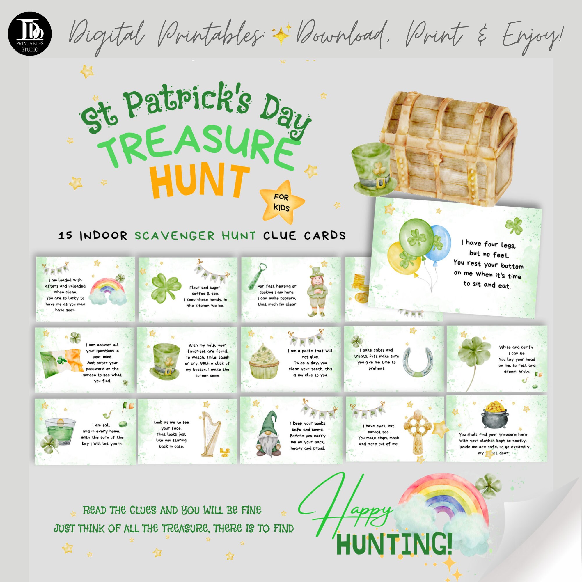 St Patrick's Day Indoor Treasure Hunt Clue Cards for Kids | St Patricks ...