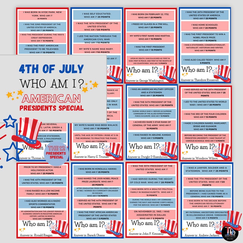 Printable 4th of July Who Am I Game Cards / Family Party Game - Etsy