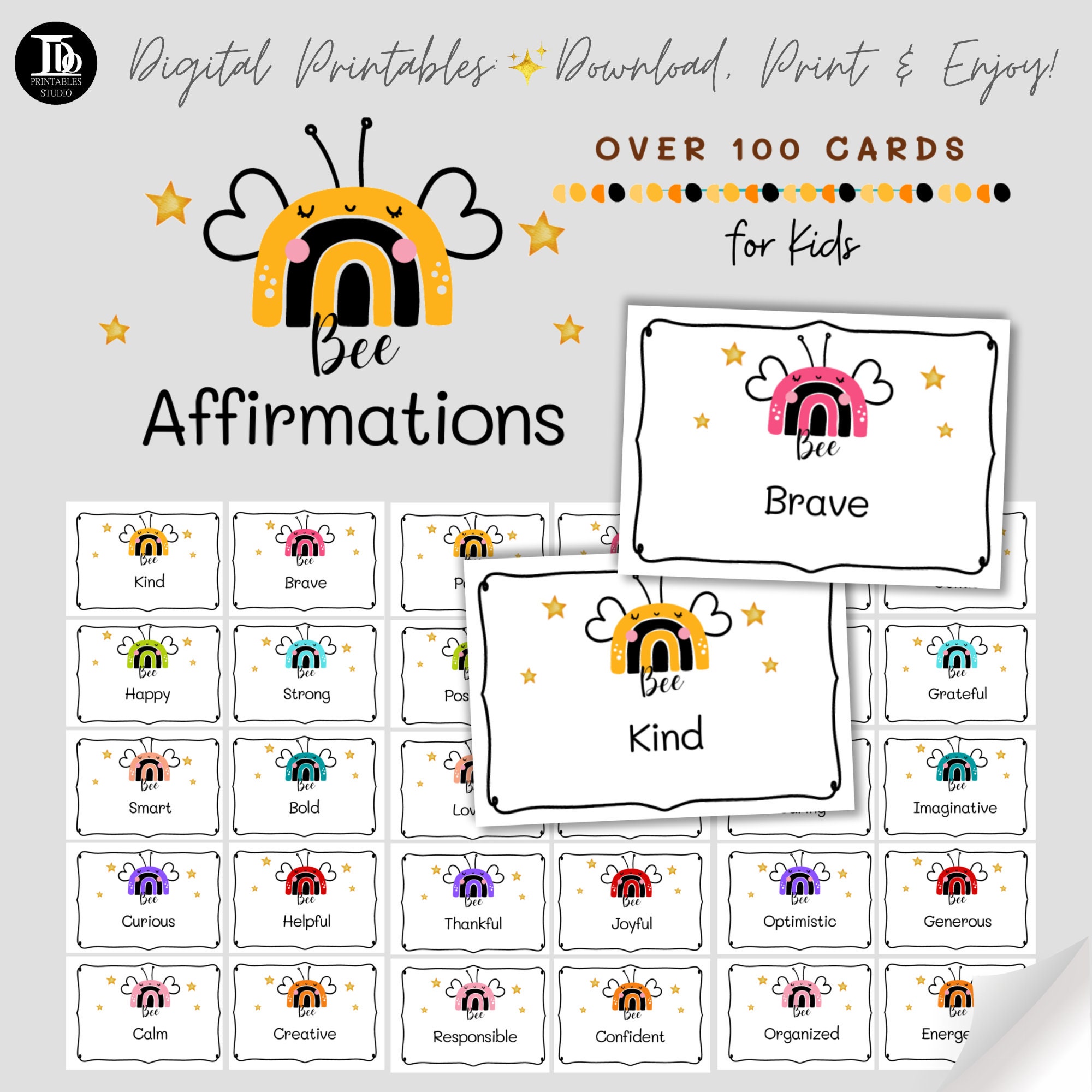 Bee Positive Affirmations Daily Printable Cards for Kids | 100 ...