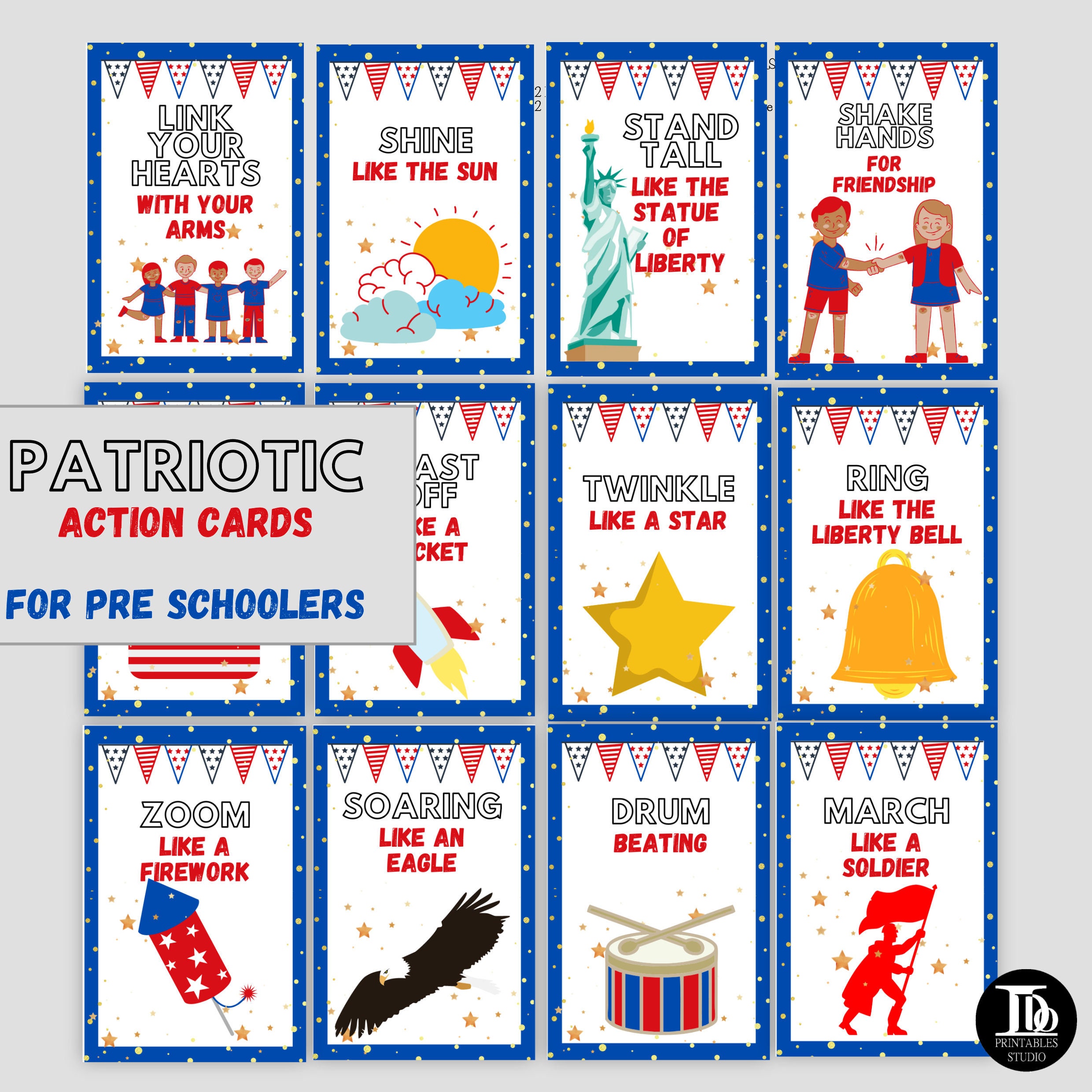 Patriotic Action Cards for Pre-schoolers / Kids Class Activity / School ...