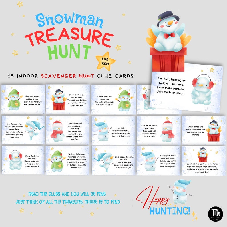 Snowman Party Treasure Hunt Clue Cards | Printable Christmas Scavenger ...