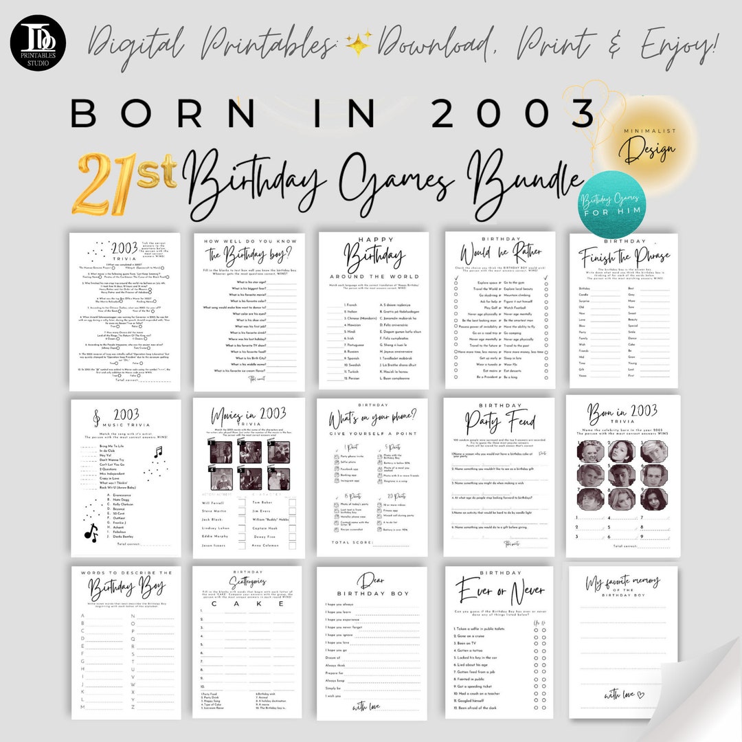 Born in 2003 21st Birthday Party Games Bundle for Him Printables ...