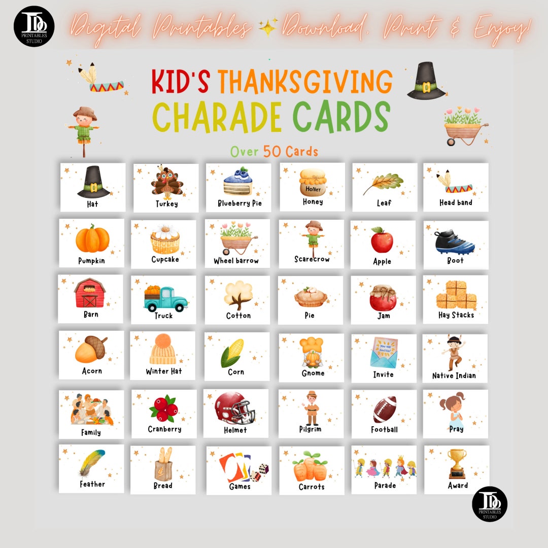 Thanksgiving Charade Cards for Kids | Thanksgiving Dinner Game for Kids ...