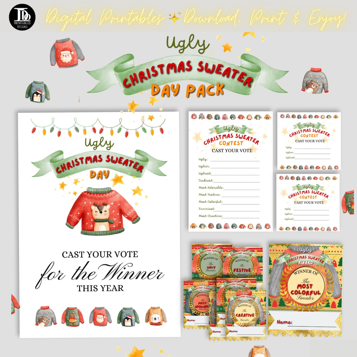 Ugly Christmas Sweater Party Pack Voting Ballot Slips Printable Ugly ...