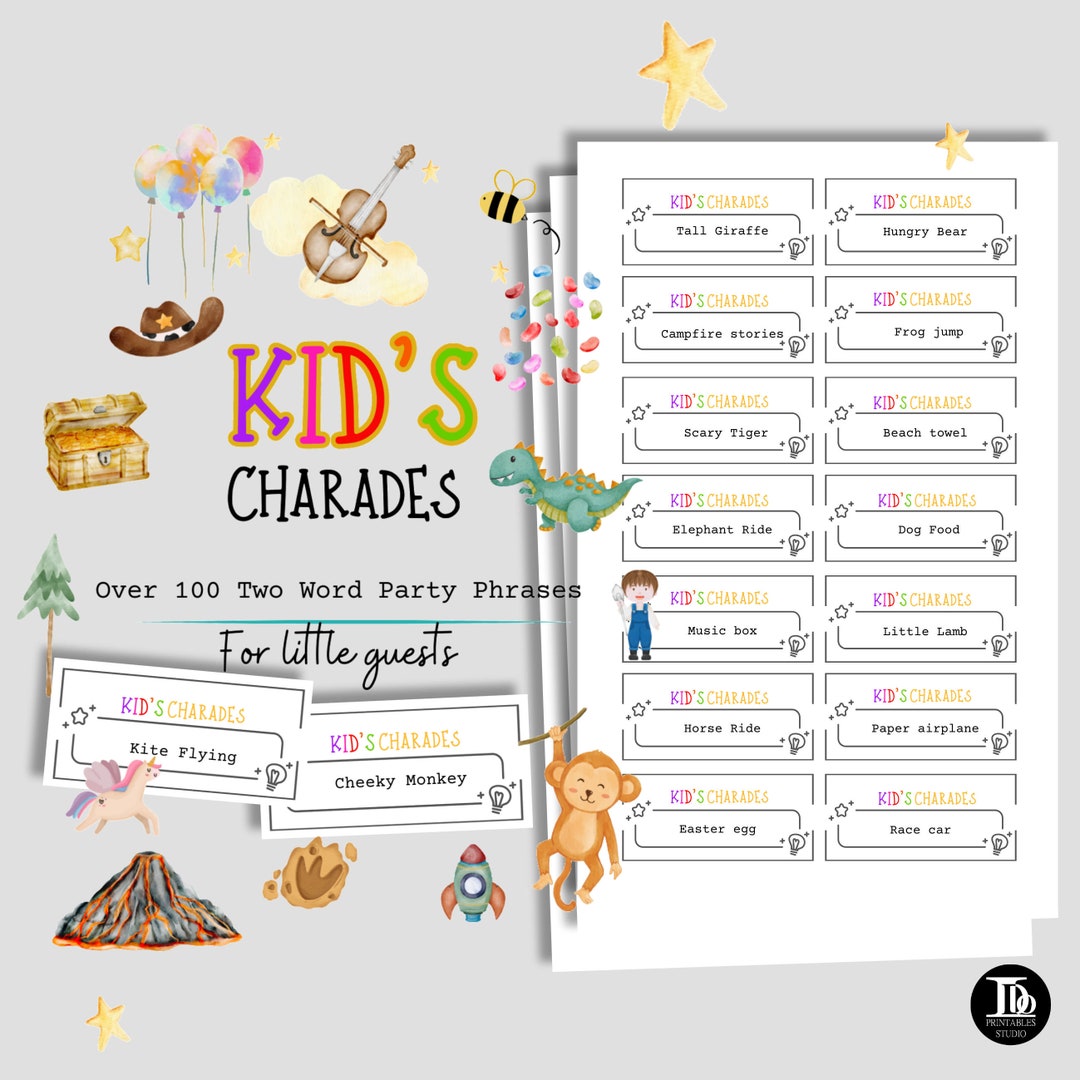 Kid's Party Charades Game Cards | Over 100 Two Word Party Phrases | Kid ...