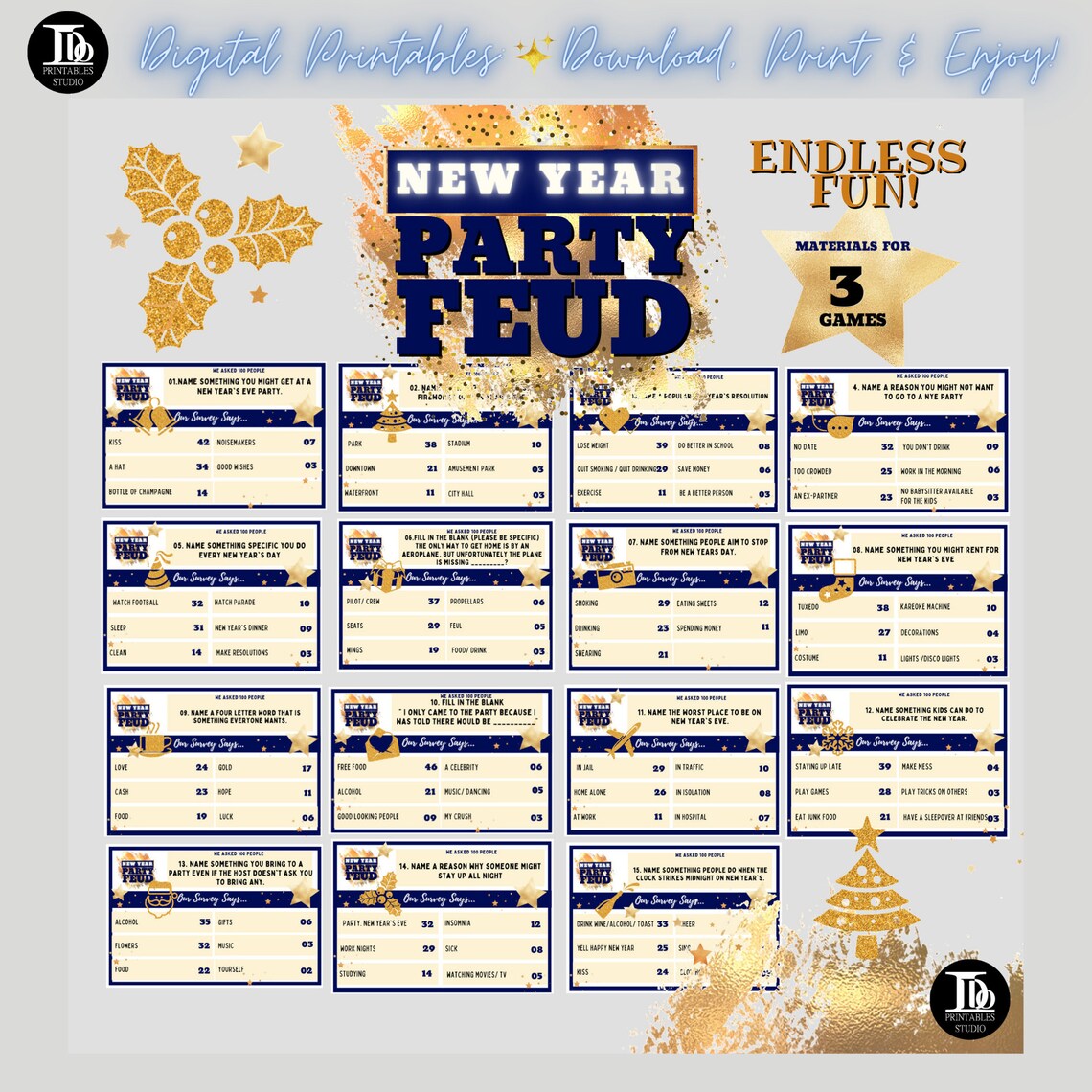 New Year Party Friendly Feud | New Year's Eve Group Game Cards ...