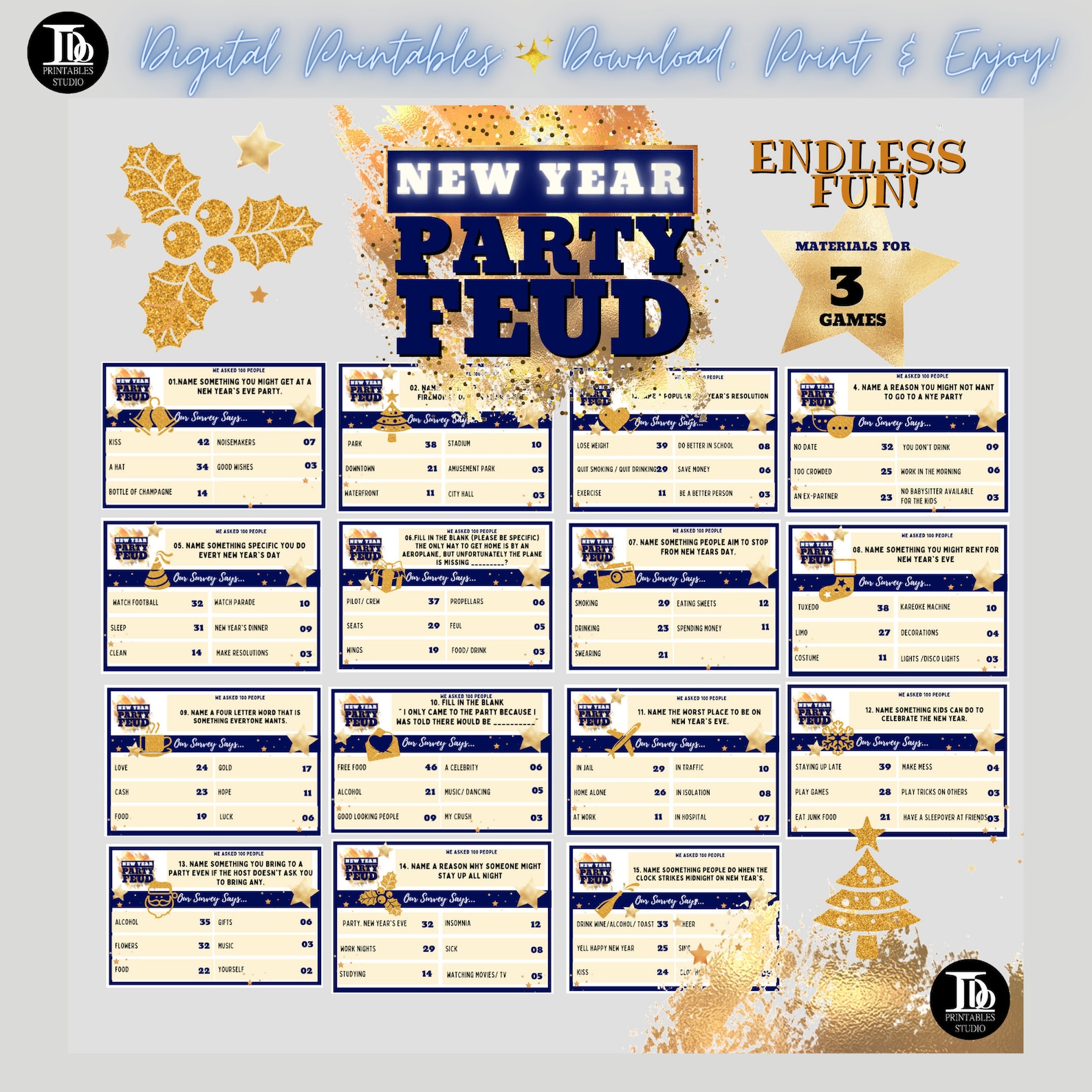 New Year Party Friendly Feud | New Year's Eve Group Game Cards ...