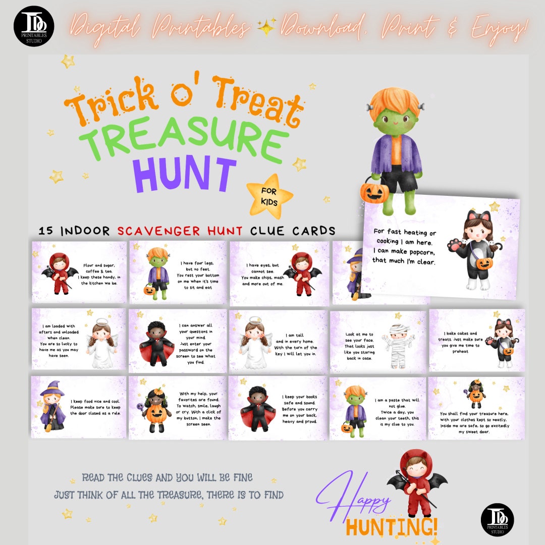 Trick or Treat Treasure Hunt for Kids | Indoor Halloween Printable Clue ...