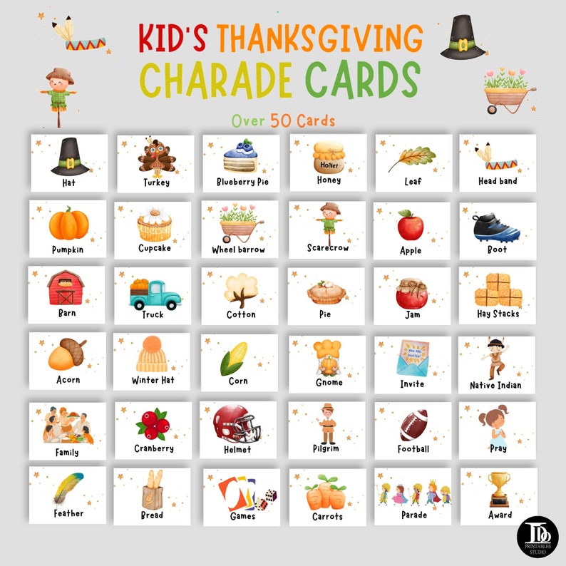 Thanksgiving Charade Cards for Kids Thanksgiving Dinner Game - Etsy