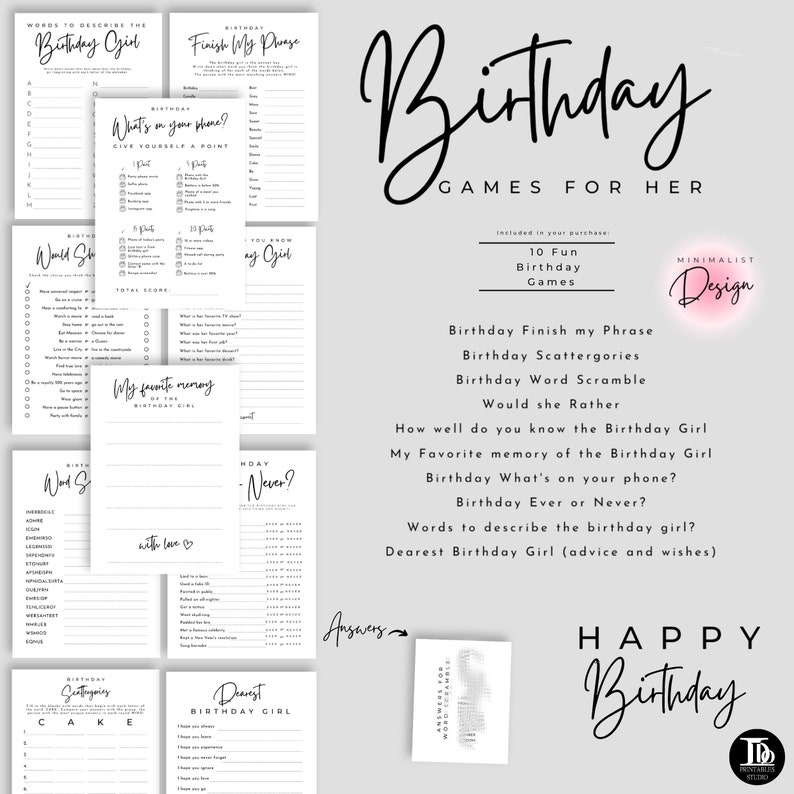 Printable Minimalist Birthday Games for Her Birthday Party Game Bundle ...
