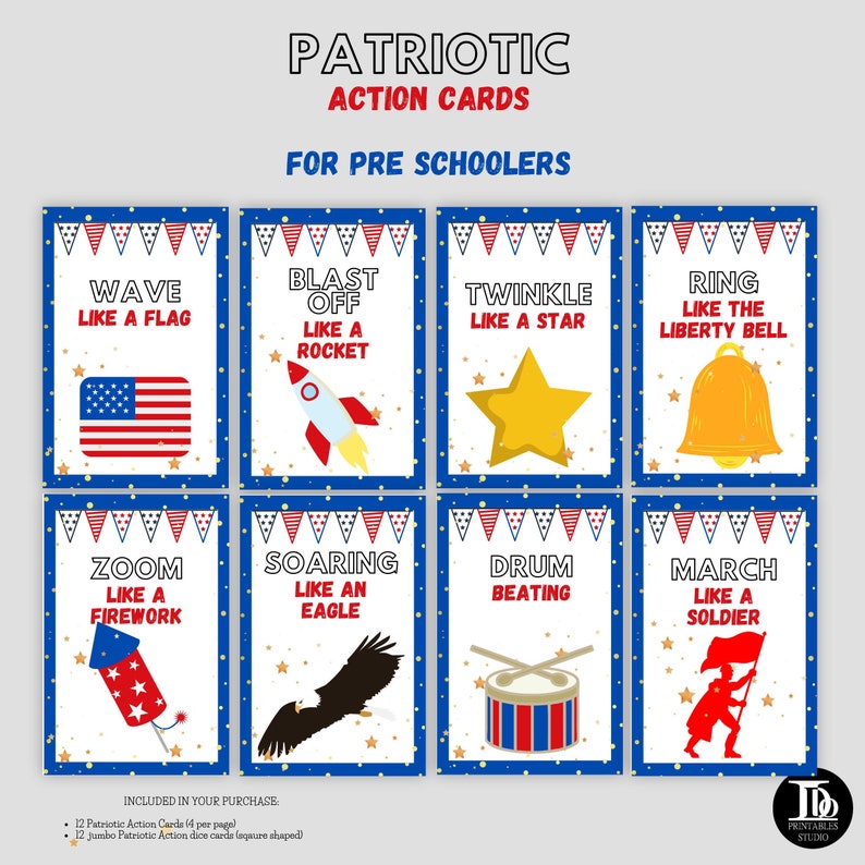 Patriotic Action Cards for Pre-schoolers / Kids Class Activity - Etsy