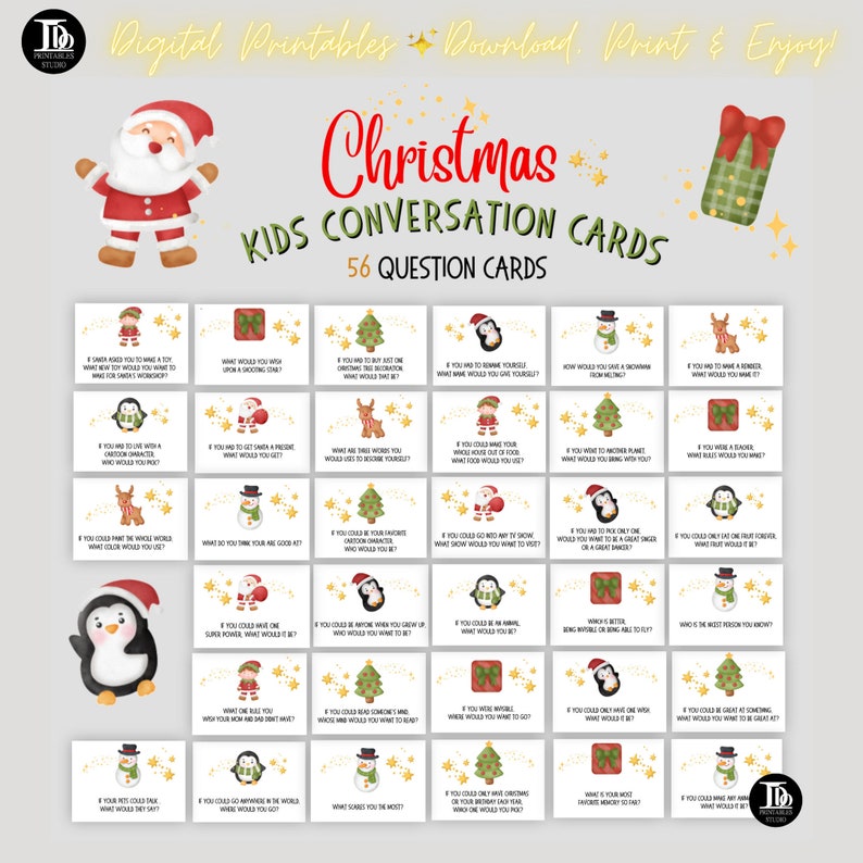 Printable Christmas Kids Conversation Cards Christmas Dinner Table Fun ...