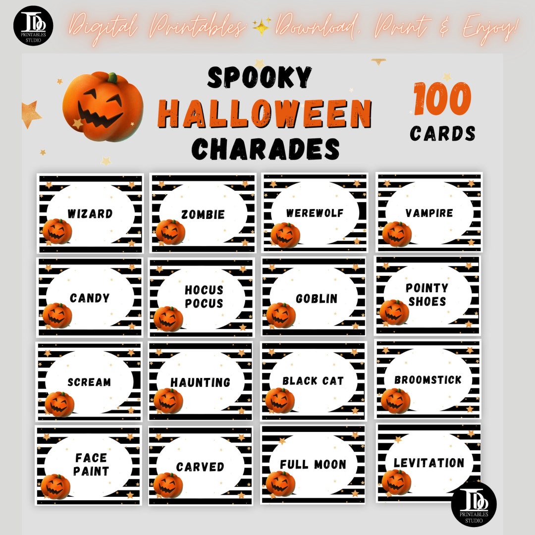 100 Halloween Charade Cards | Halloween Party Cards | Printable Family ...
