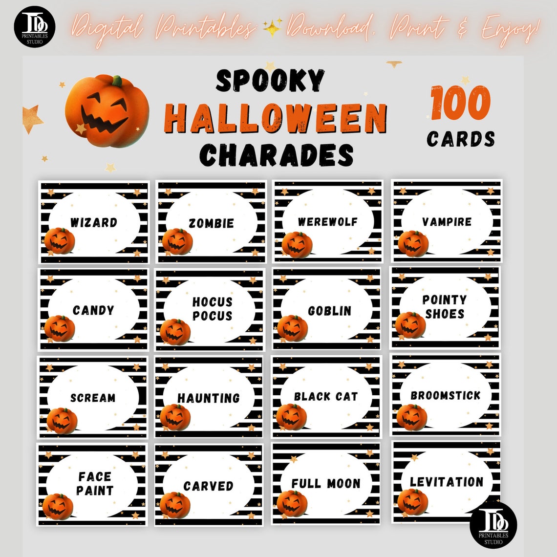100 Halloween Charade Cards | Halloween Party Cards | Printable Family ...