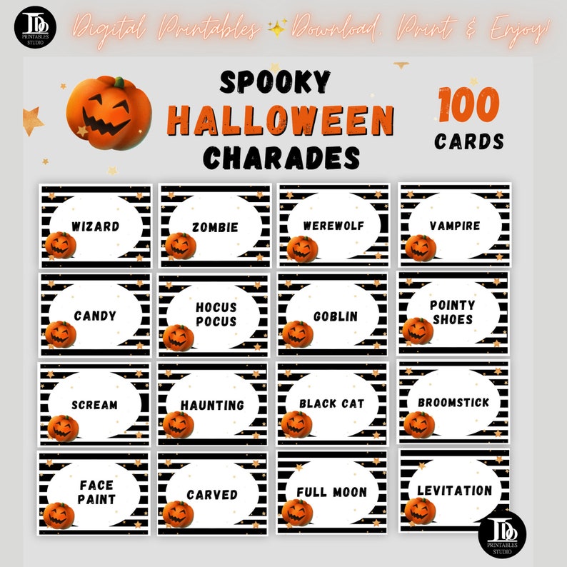 100 Halloween Charade Cards | Halloween Party Cards | Printable Family ...