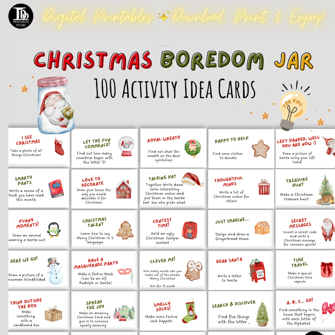 100 Christmas Boredom Jar Activity Idea Cards | Fun Challenges for Kids ...