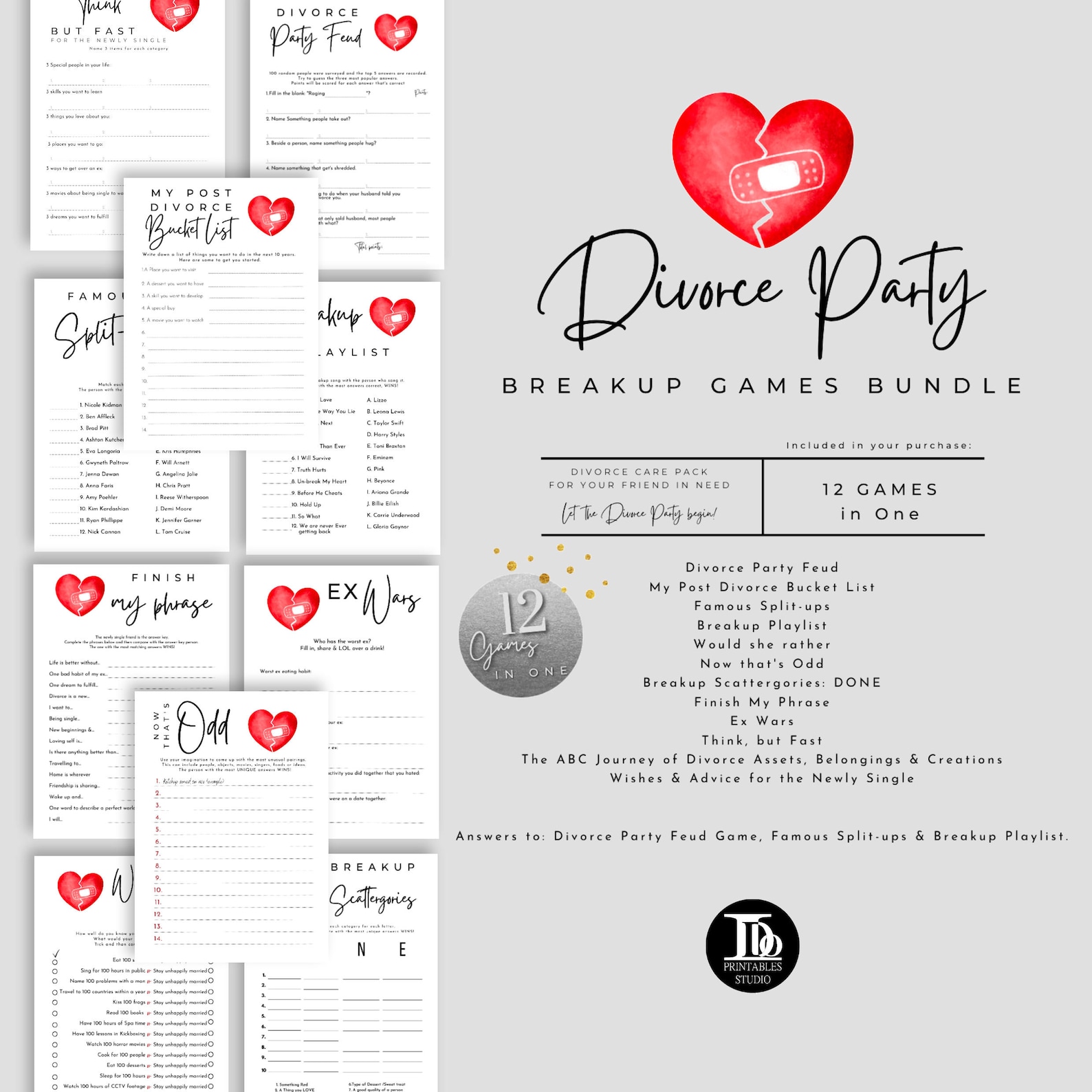 Divorce Party Games Care Pack | Printable Breakup Games | Broken Heart ...