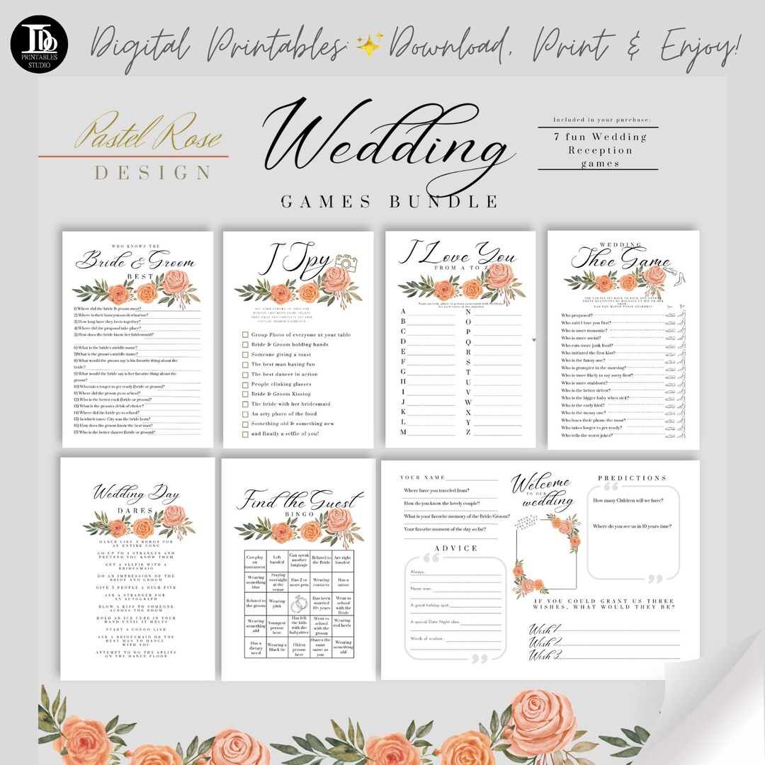 Pastel Rose Wedding Games Bundle | Wedding Table Activity | Wedding ...