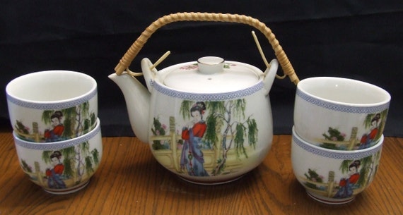 Vintage Ceramic Asahi Asian Tea Set Tea Pot 4 Tea Cups Lady in | Etsy