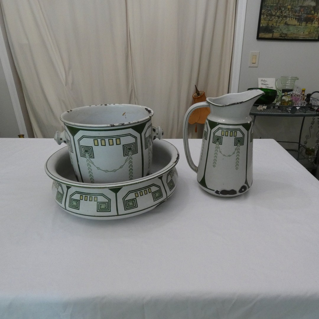 3 Piece Antique French Art Deco Enamel Wash Set Pitcher, Bowl, Bucket ...