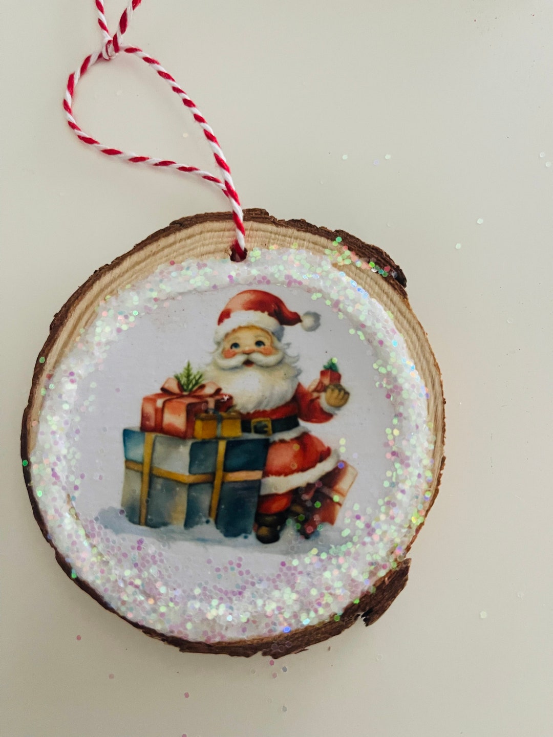 Wood Slice Santa With Present Ornament - Etsy