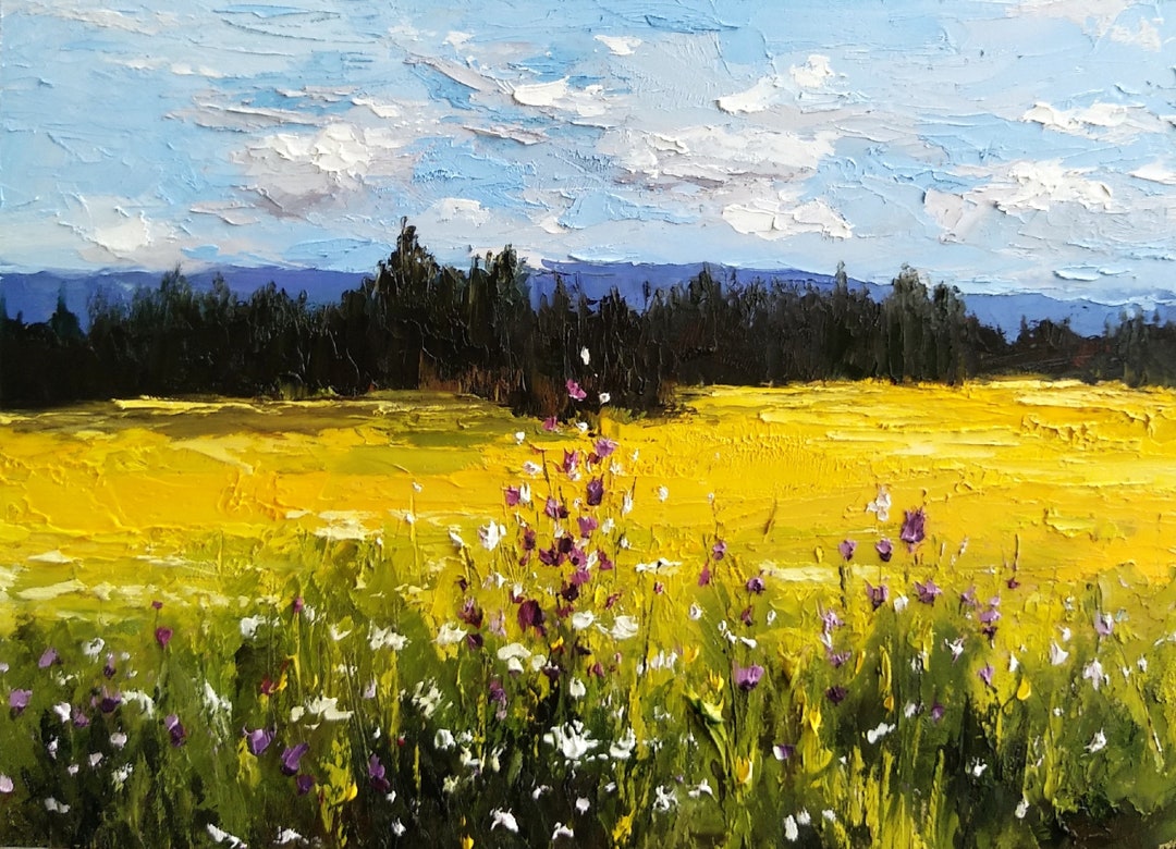Yellow Field Painting Hillside Landscape Oil Painting Wildflower Wall ...