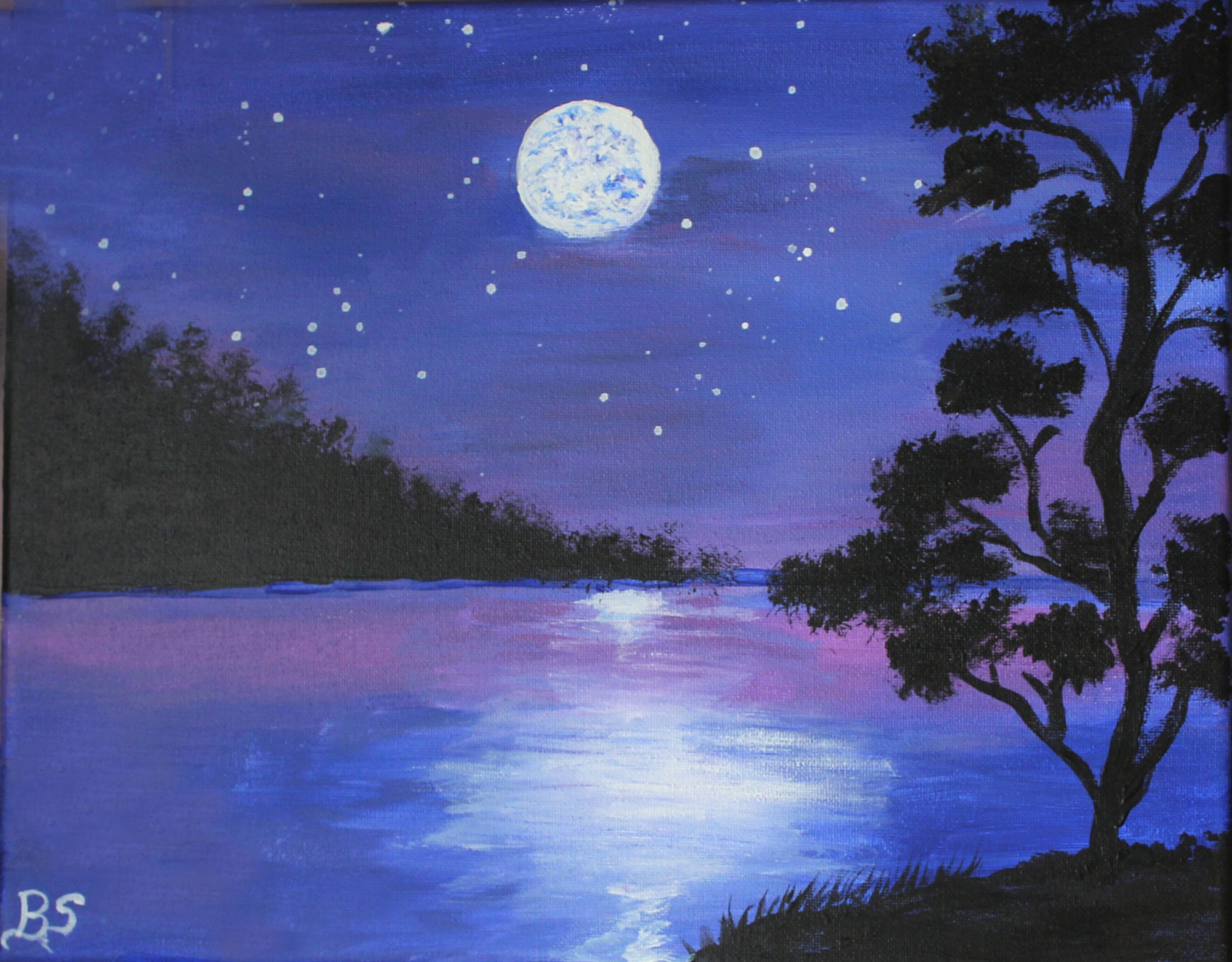 Purple Moonglow Over Shimmering Water With Silhouetted Trees and Hill ...
