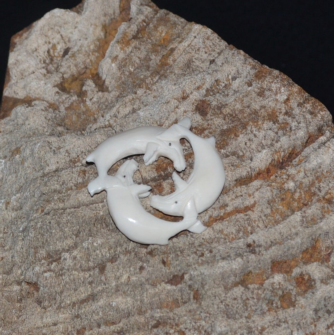 Hand Carved Double Sided Three Little Dolphin, Ox Bone Carving | 35mm X ...