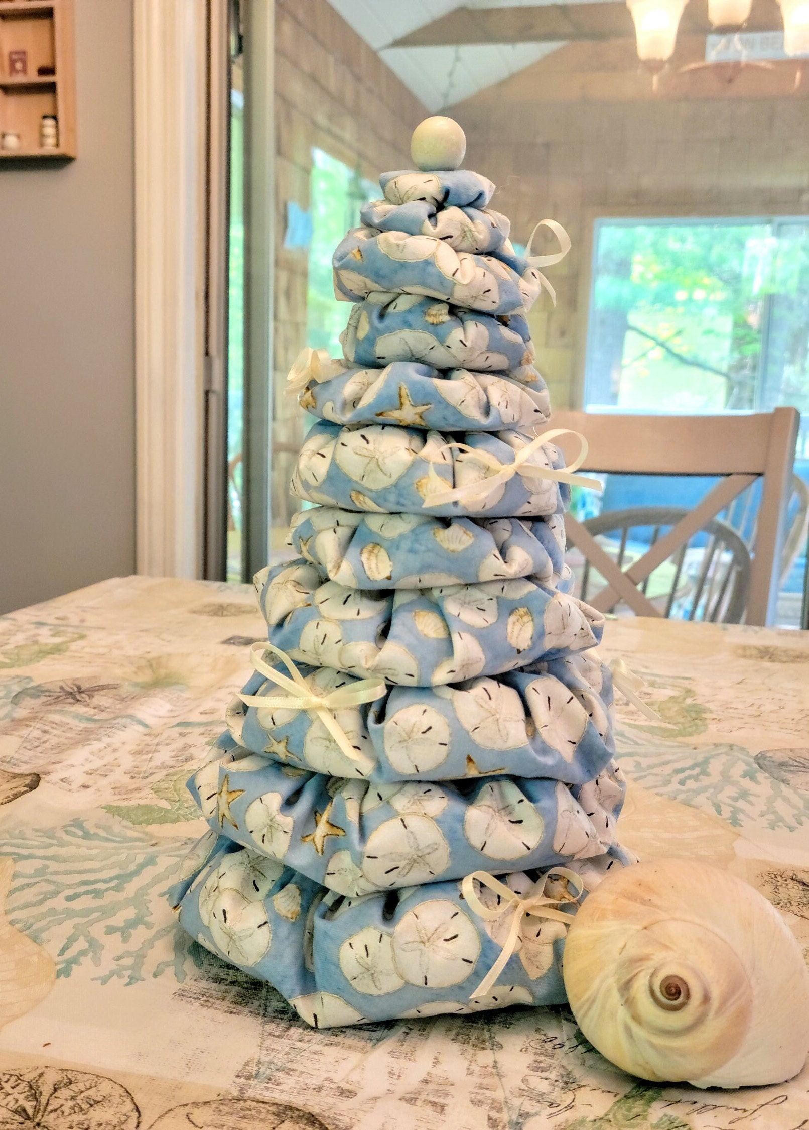 Sand Dollar Tree, Lighted Summer Centerpiece, Summer Yo-yo Tree, Sand Dollar and Shell Fabric ...