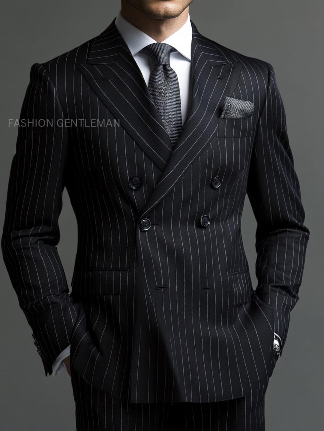 Handmade Slim Fit Pinstripe Suit: Black & White, Groom Wedding Suit ...