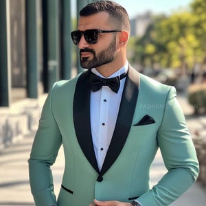 New Light Green Tuxedo With Black Lapels Two Piece Slim Fit Suit for ...