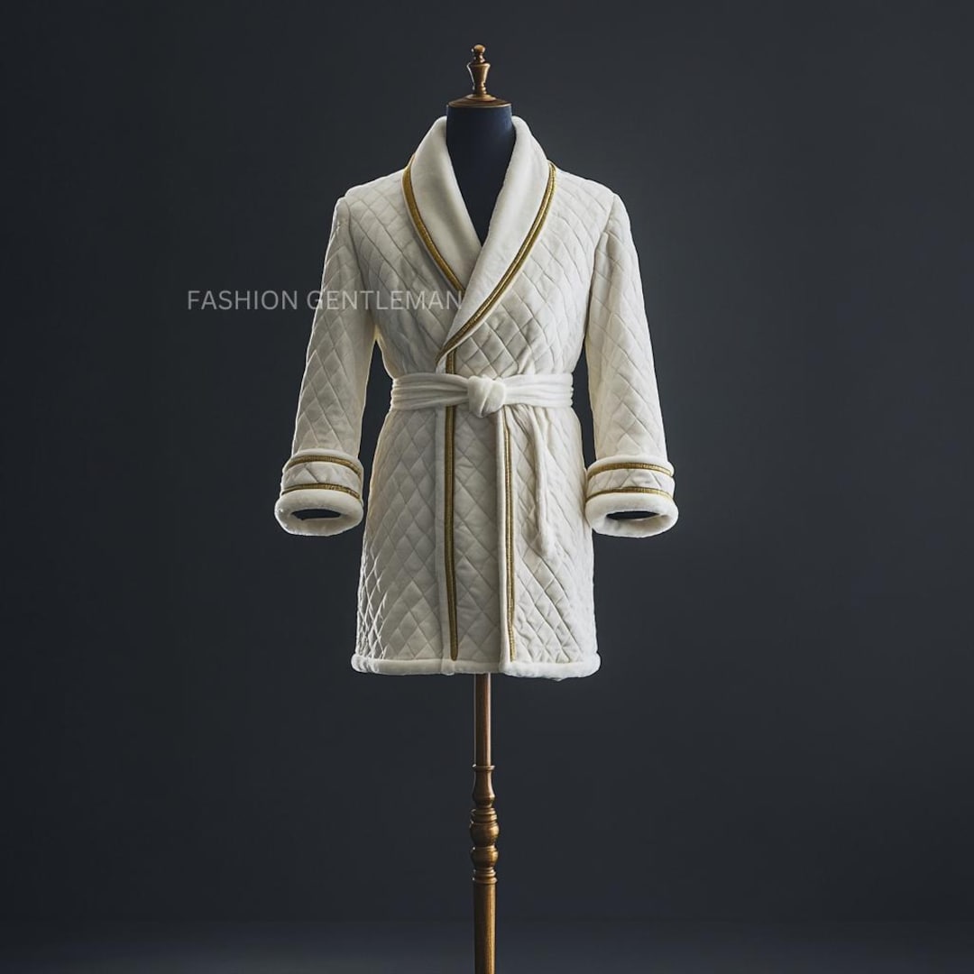 Men's Premium Velvet Smoking Jacket, White and Beige Quilted Robe - Etsy